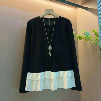 2026春季新款时尚拼接花边假两件长袖衫大码女装胖mm洋气减龄上衣