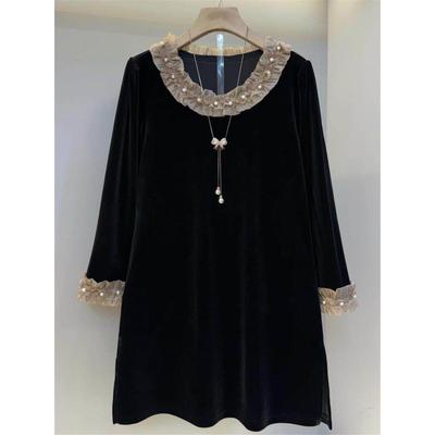 2026冬季新款大码女装法式长袖娃娃领黑色丝绒打底衫长款内搭大衫