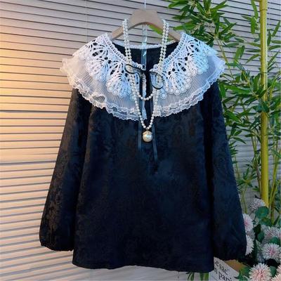 大码女装春季新款时尚蕾丝衫女韩版拼接荷叶领提花百搭气质上衣潮