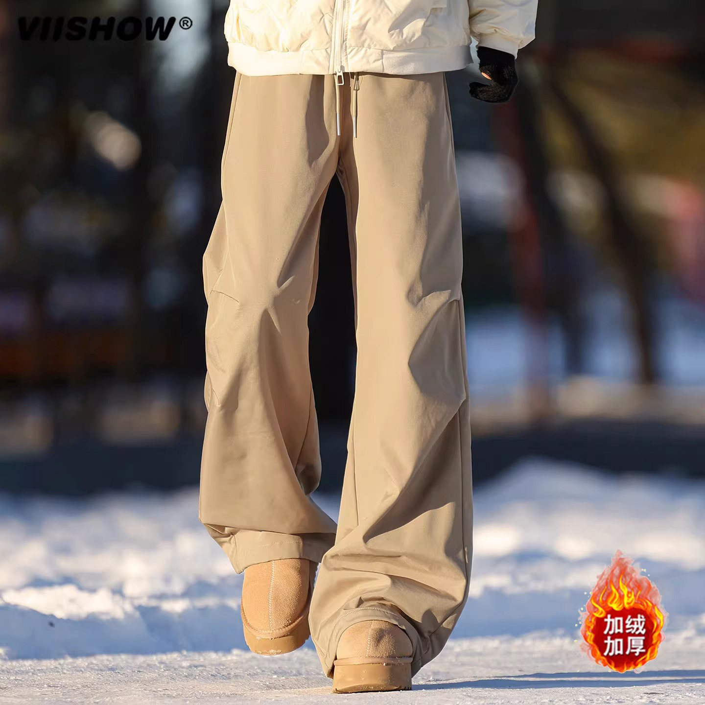 VIISHOW机能风加绒冲锋裤男冬季褶皱伞兵工装裤防风保暖滑雪裤子