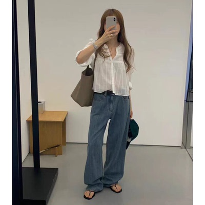 OUNCE蓝色高腰显瘦直筒牛仔裤女韩国2026夏季新款气质百搭长裤子