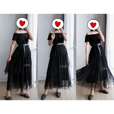 【聆家】清仓包邮~质好橡筋松紧一字肩拼接网纱层层连衣裙0.415kg