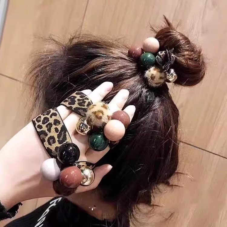 日韩秋冬豹纹毛球头绳扎丸子头彩色球打结粗皮筋金属球发绳发圈女