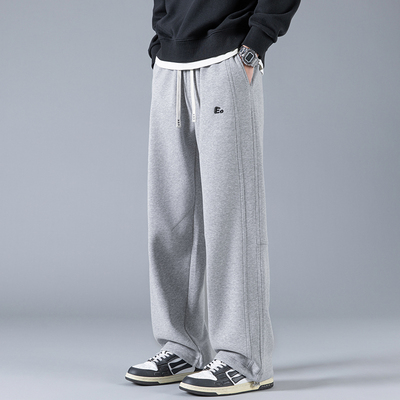 PANPASS加绒加厚男士宽松直筒青少年秋冬季小弯刀运动休闲裤子