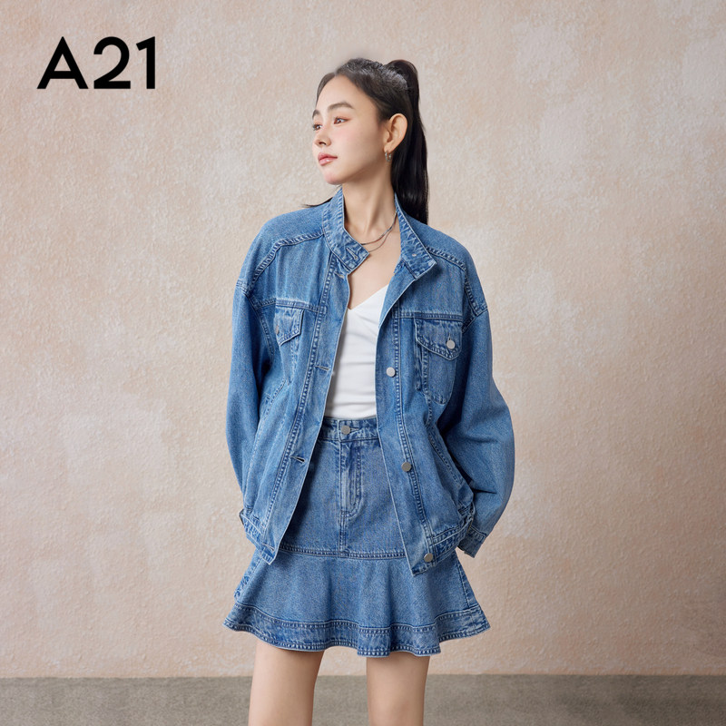 A21女装春季牛仔两件套装水洗做旧复古A字裙半高领潮牌牛仔外套女