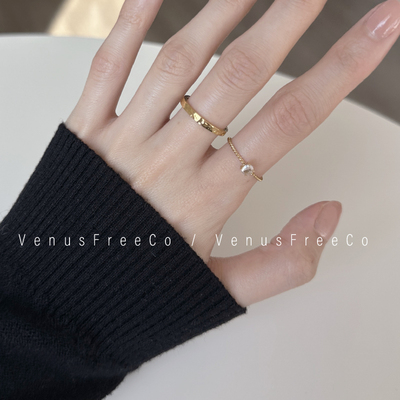 2选 法式18k镀金光面波纹锡纸一颗小钻细麻花戒指环单戴叠戴日常