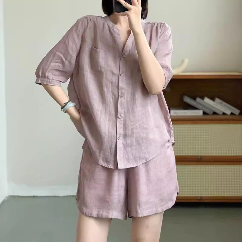 夏季复古亚麻半开领衬衫短裤两件套装女士棉麻时尚休闲苎麻一整套
