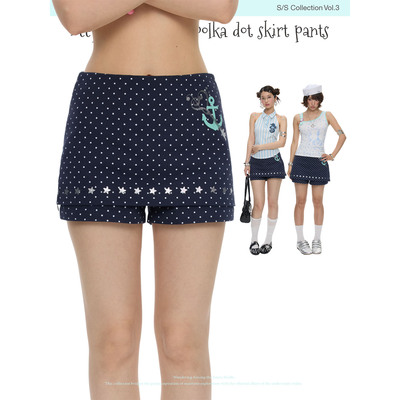 BETWEENAND「深海童话」夏季藏蓝色波点印花裙裤半裙短裤百搭显瘦