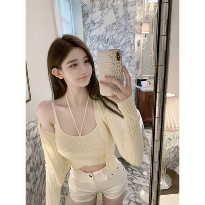 若语定制 韩女时分 纯欲气质挂脖吊带+针织开衫女两件套早秋新款