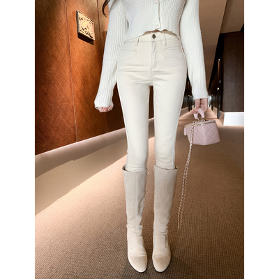 若语定制 半永久韩女裤 加绒修身高腰小脚裤高腰显瘦气质牛仔裤女