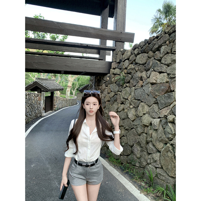 若语定制 Somi穿搭 微透莱赛尔棉雪花状衬衫天丝短裤套夏季两件套