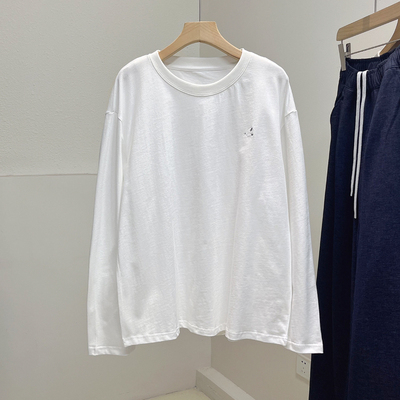 100纯棉飞鸟刺绣简约圆领小白tee长袖T恤女秋季新款百搭上衣打底