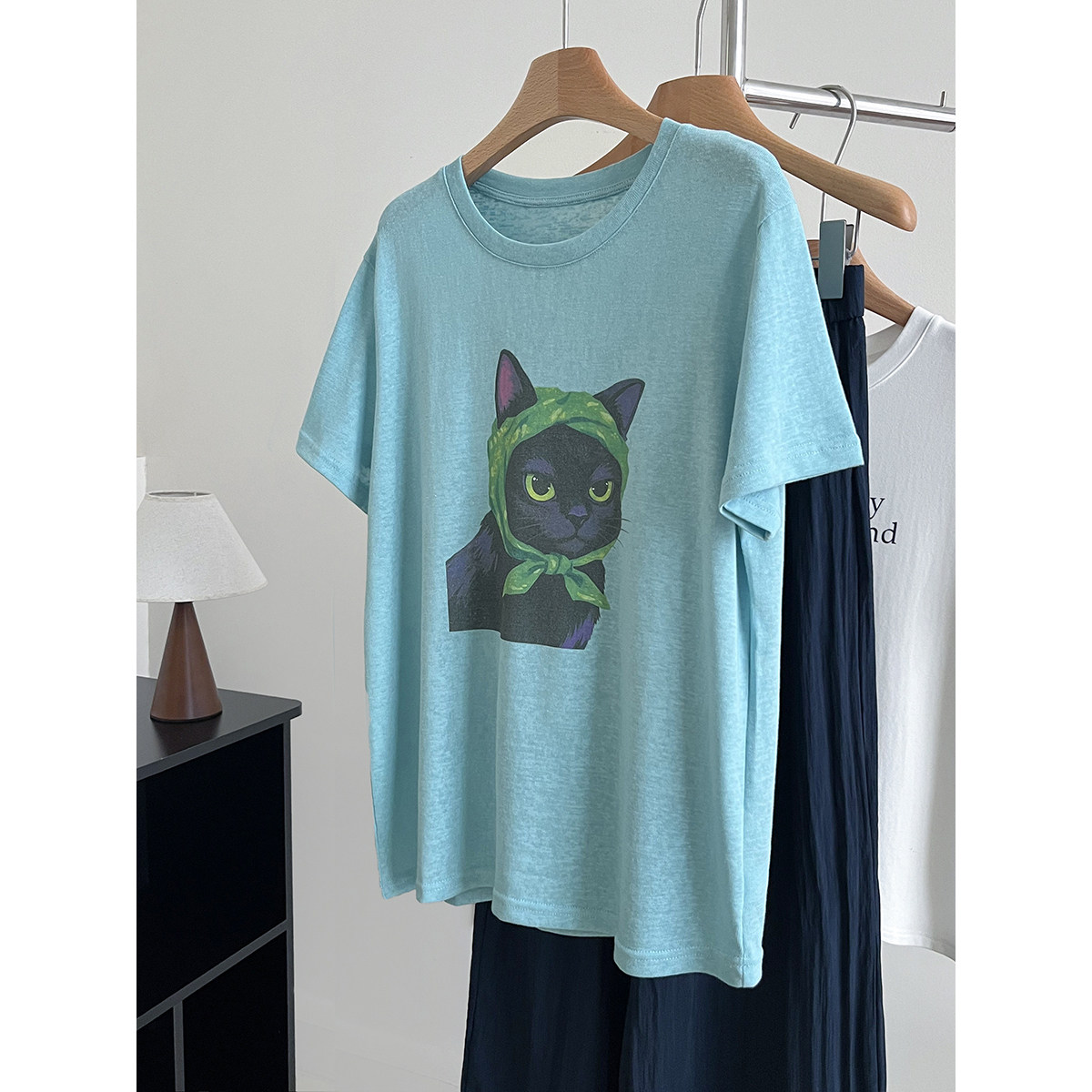 慵懒风韩版宽松圆领短袖T恤女夏季新款卡通猫咪印花休闲打底上衣