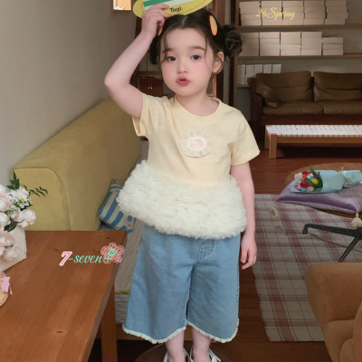26夏 7seven 女童黄色卡通纱纱T恤3349  牛仔七分裤3359