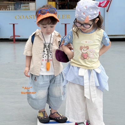 26夏AH 女童黄色小熊背心短袖两件套77279 蓝格屁帘裤77252