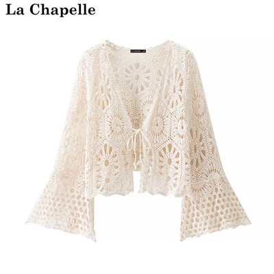 拉夏贝尔/La Chapelle喇叭袖镂空针织开衫女春夏新款薄款外搭上衣