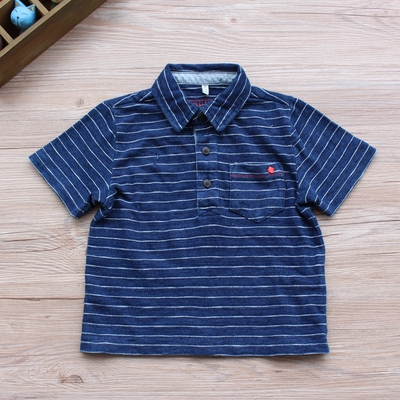 童装纯棉条纹翻领短袖t恤衫
