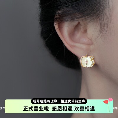 原创设计师款苹 果与猫咪925银针 珐琅滴釉 彩绘锆石耳钉饰品女