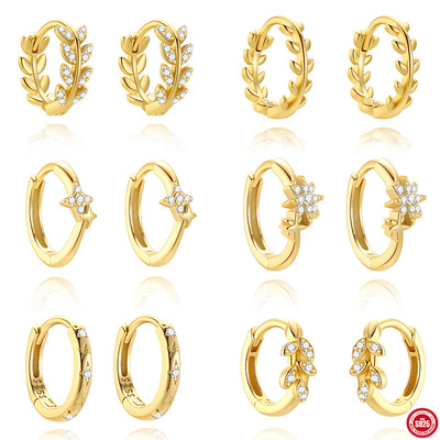 S925纯银镶钻树叶环状耳环