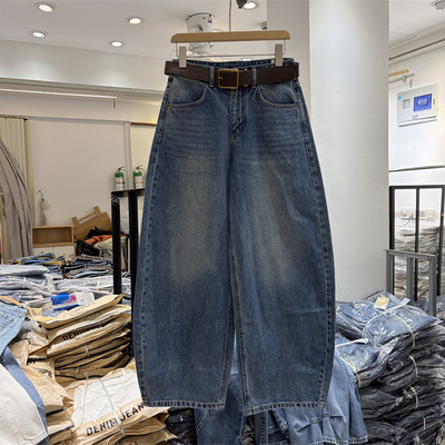 欧货73166正版春新款韩系复古做旧时尚百搭宽松显瘦弯刀牛仔裤女