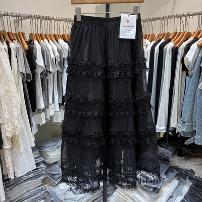 Bo si ming dian6109正品春季韩系松紧高腰中长款蕾丝边半身裙女