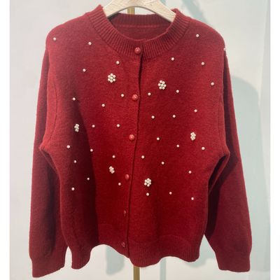 03红色毛衣马年小香风钉珠针织秋季圆领毛针织衫毛衣秋冬开衫长袖