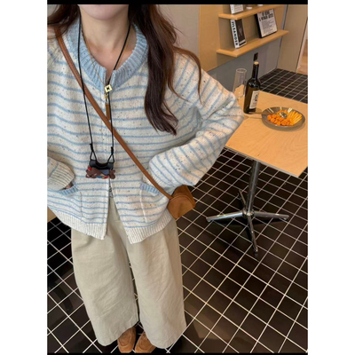 秋上新韩系清新学院风条纹软糯宽松减龄开衫保暖毛衣BZ9132