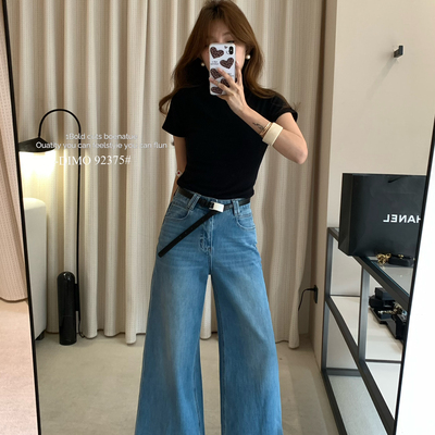 DIMO韩系版型好显高显瘦四面弹不贴腿阔腿筒喇腰带牛仔裤92375兰