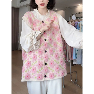 森系复古甜美花提花针织马甲开衫
