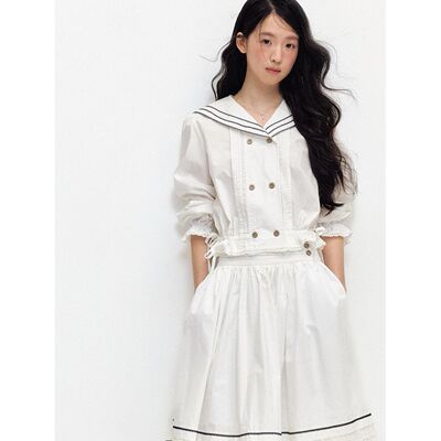 野梨秋信日系甜美学院风海军领上衣半裙套装小众显瘦通勤两件套女