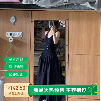 法式藏青色海边拍照度假拼接长裙子礼服裙出片穿搭修身长款连衣裙