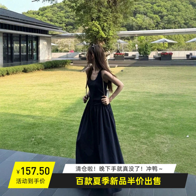 藏青色修身连衣裙女夏季高级显白收腰a字大裙摆遮肚子显瘦长裙子