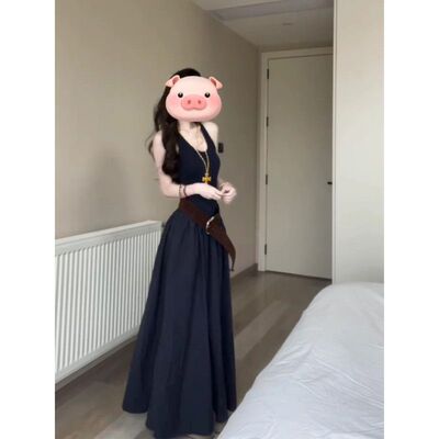 藏蓝吊带连衣裙长裙女夏季连身裙特别漂亮掐腰显瘦裙子辣妹穿搭