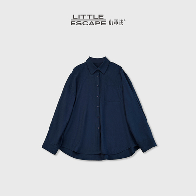 小乖逃JX藏蓝翻领单口袋衬衫垂感宽松慵懒显瘦百搭衬衣TS8446