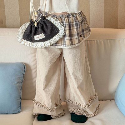 娇气妈2026春季童装女宝宝韩版洋气花边阔腿裤假两件屁帘百搭裤子