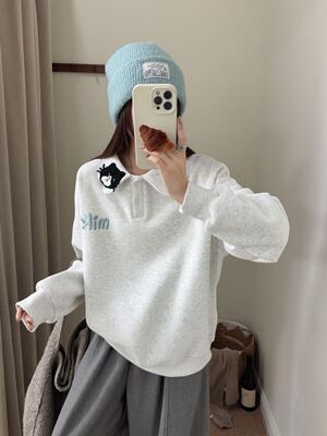 6215牛奶猫贴布绣春款翻领卫衣女套头长袖宽松Polo领休闲卫衣韩版