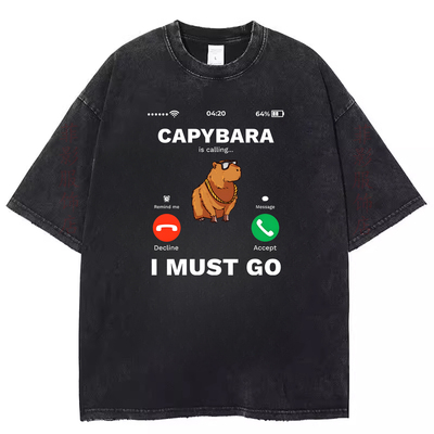 欧美有趣Capybara Is Calling印花短袖T恤男女复古水洗黑做旧上衣
