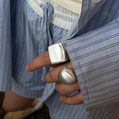 法式中古秋冬银色拉丝几何戒指