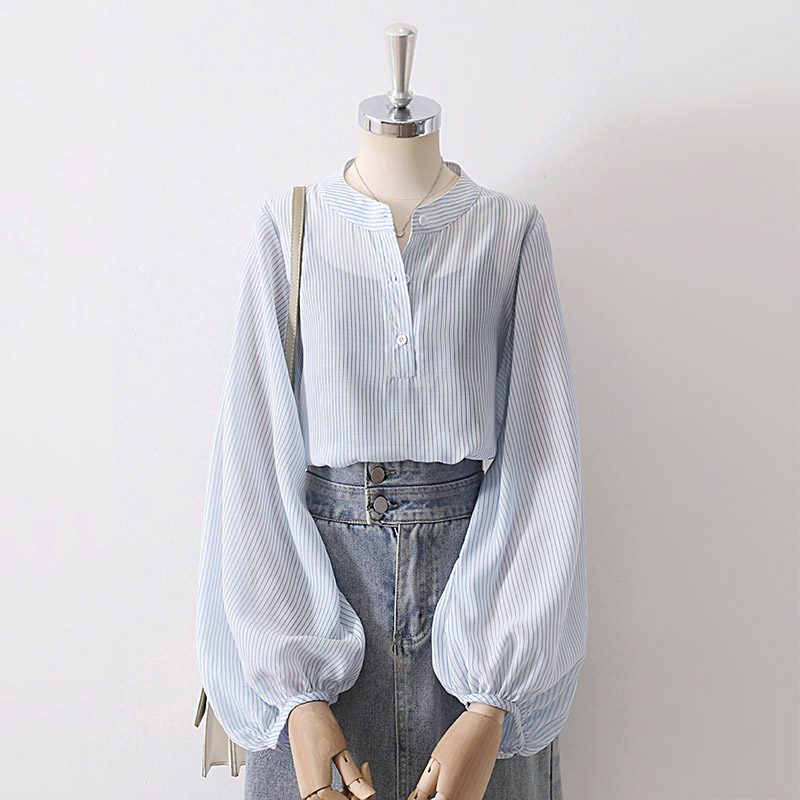 垂感蓝色条纹雪纺衬衫女早秋薄款套头防晒衫气质灯笼袖别致上衣_虎窝淘