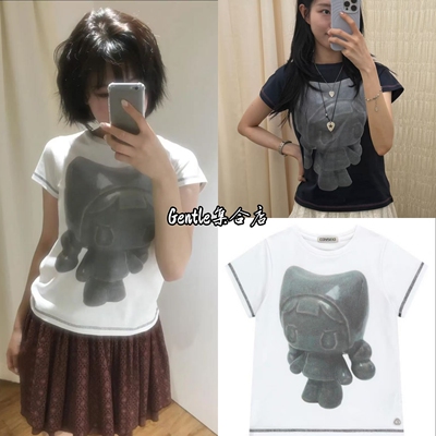 现货 coyseio 2025夏季新款可爱卡通少女印花绗线边圆领短袖T恤女