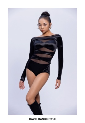 david舞服拉丁舞女士拼接网纱长袖丝绒不规则设计教师服专业百搭