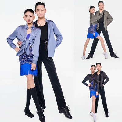 FZS舞服少儿拉丁舞春季外搭男女同款超柔仿丝缎衬衫 帅气练习服