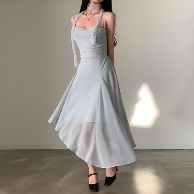 韩国chic法式气质纯欲不规则飘逸大裙摆度假风吊带连衣裙