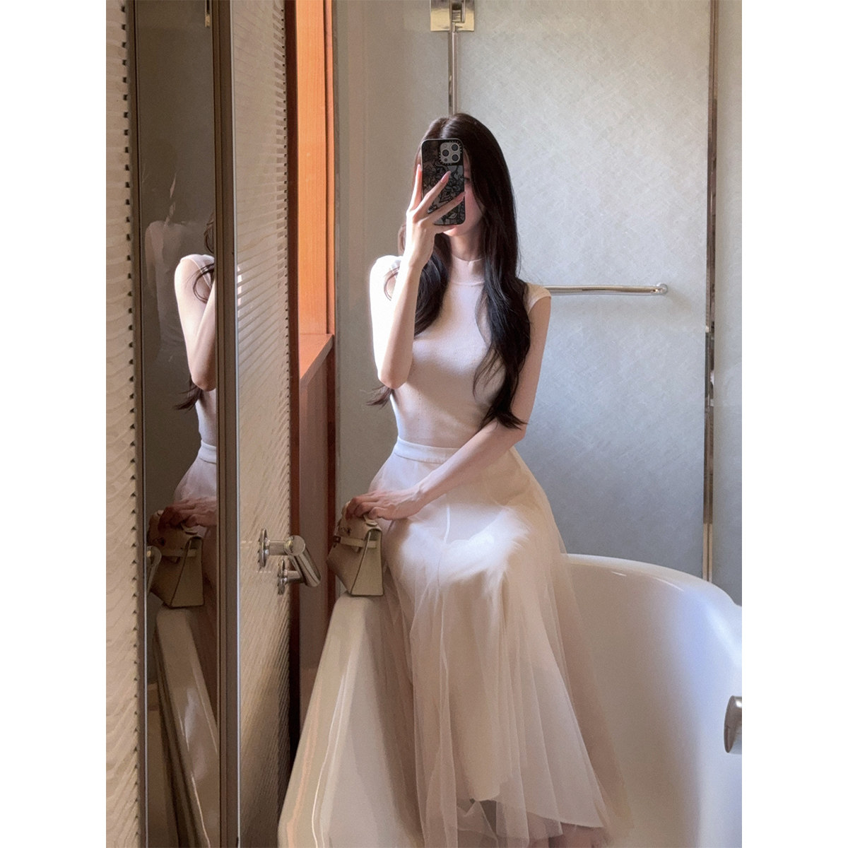 DFAY 7米用料 柔软飘逸又有型的纱裙天花板半高领针织上衣套装女_虎窝淘