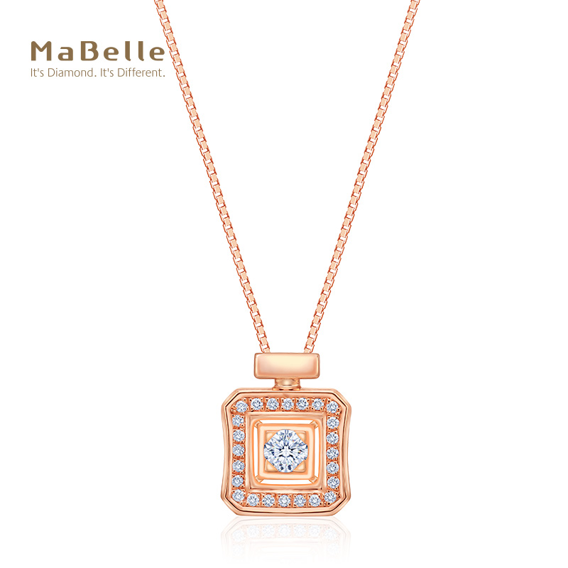 MaBelle/玛贝尔18K玫瑰金别致香氛方瓶款钻石吊坠 K白可订做_虎窝淘
