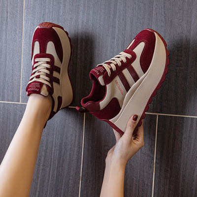 香港潮牌跨境厚底松糕内增高8cm条纹时尚百搭德训鞋秋季新款休闲