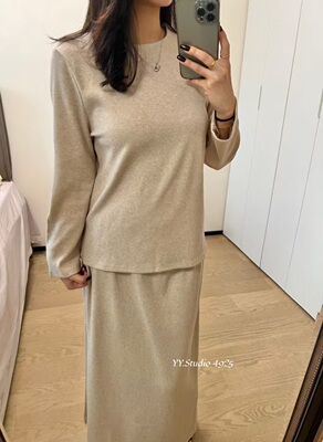 极简风韩系宽松显瘦百搭圆领套头针织衫高腰显瘦半身长裙时髦套装