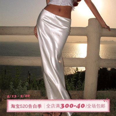 ITSNIKAR 法式丝光缎面半身裙女夏性感修身包臀裙复古白色长裙子