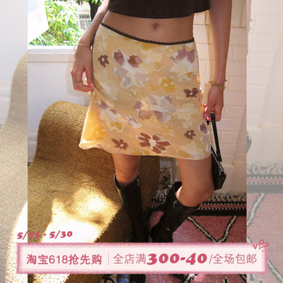 ITSNIKAR 法式复古印花半身裙女夏修身显瘦包臀裙花边拼接短裙子