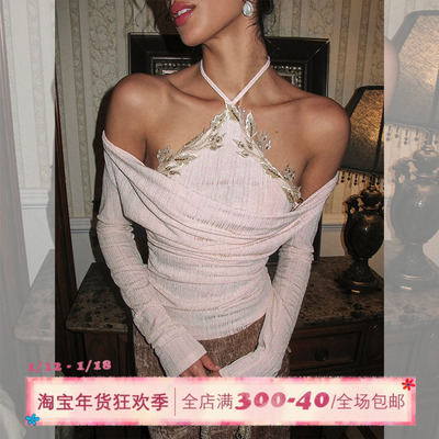 ITSNIKAR法式长袖一字肩毛针织衫女荡领露肩毛衣收腰显瘦挂脖上衣